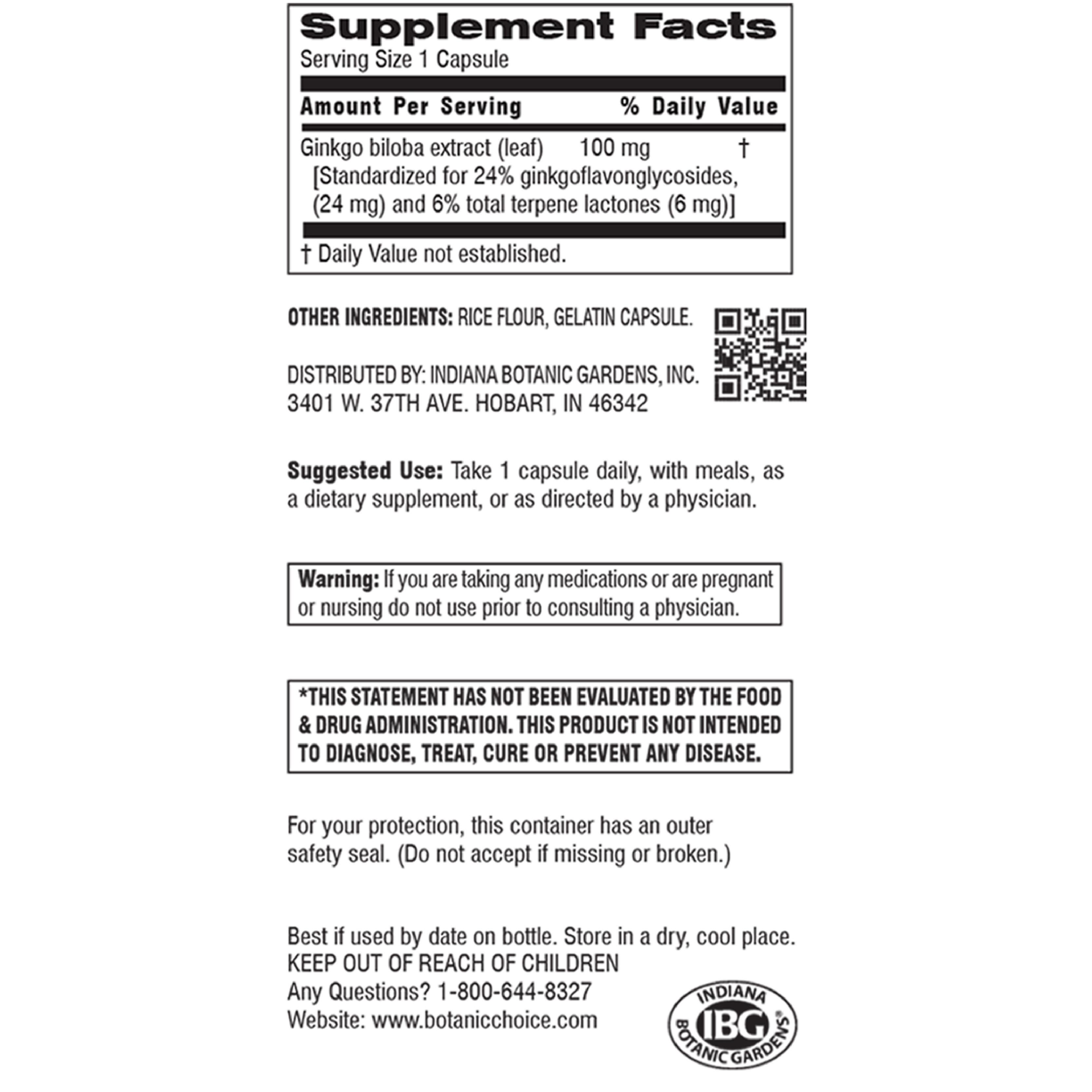 Buy Ginkgo Biloba Extract 100 mg - 60 capsules - Botanic Choice